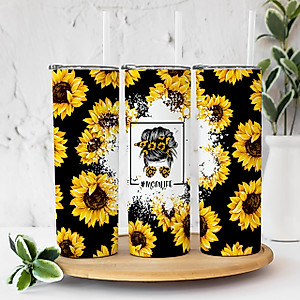YouNique Designs Sunflower Mom Coffee Tumbler with Straw and Lid, 20 Oz, Insulated Stainless Steel Skinny Tumbler for Women, Mama Tea Tumbler, Mom Life Water Tumbler Cup