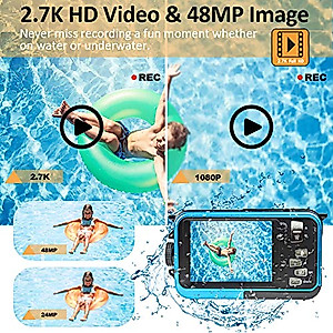 Shimshon Underwater Camera Full HD 2.7K 48MP Waterproof Camera for Snorkeling Dual Screen Waterproof Camera Digital with Self-Timer and 16X Digital Zoom (Blue)
