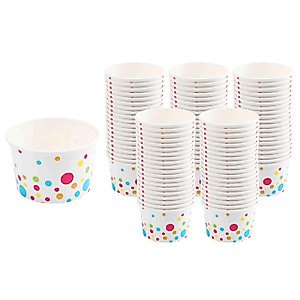 GSM Brands Paper Ice Cream Cups (Polka Dots Design) - 100-Count - 8 oz Disposable Dessert Bowls for Hot or Cold Food, 8-Ounce Party Supplies Treat Cups for Sundae, Frozen Yogurt, Soup, White