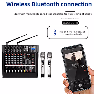 Professional 6 Channel Bluetooth USB Audio Mixer Mixing Console with 2 Handheld Wireless Microphone for Home Studio Recording DJ Network Live Karaoke - Depusheng GM6X