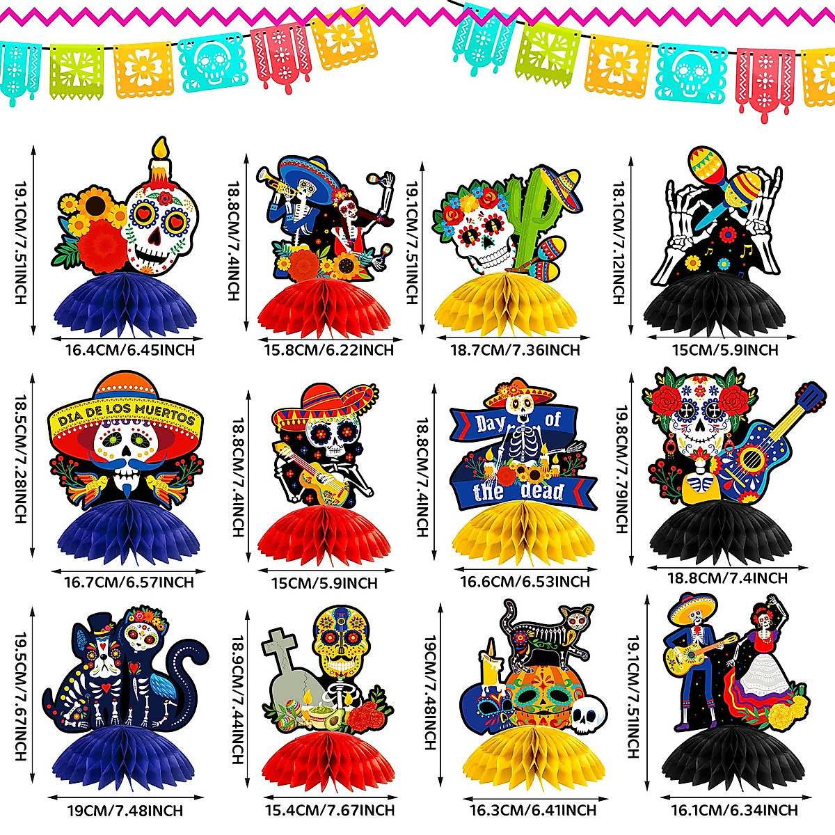 Pajean 12 Pieces Day of the Dead Honeycomb Table Centerpieces Halloween Dia De Muertos Sugar Skull for Mexican Party Decoration Supplies