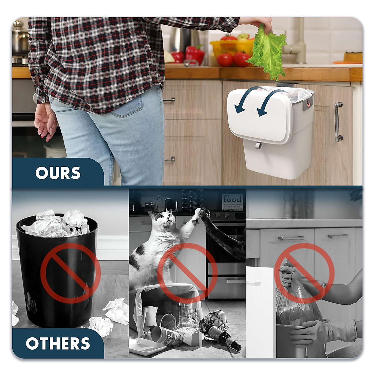 McKay Hanging Kitchen Trash Can with Lid, 30 Trash Bags|2.5 Gallon/10L Compost Bin for Under Sink, Small Trash Can,Food Waste Basket Wall-Mounted Garbage Can for Bathroom/Countertop/RV/Bedroom, White