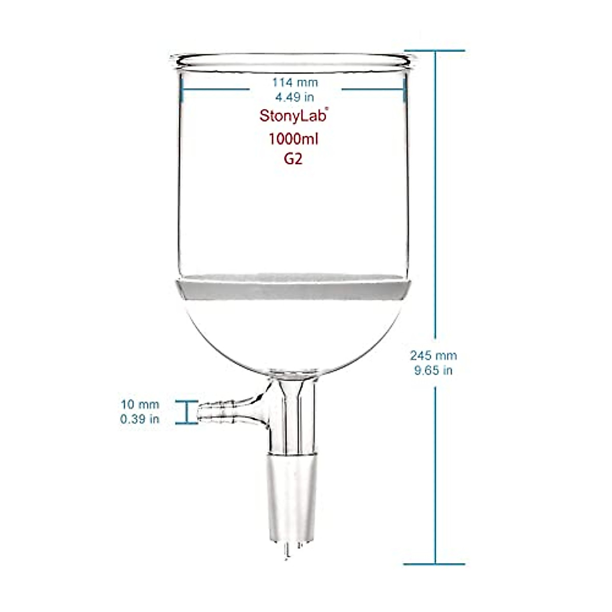 StonyLab Borosilicate Glass Buchner Filtering Funnel 1000ml with Medium Frit(G2), 113mm Inner-Diameter,110mm Depth, with 24/40 Standard Taper Inner Joint and Vacuum Serrated Tubulation (1000ml)