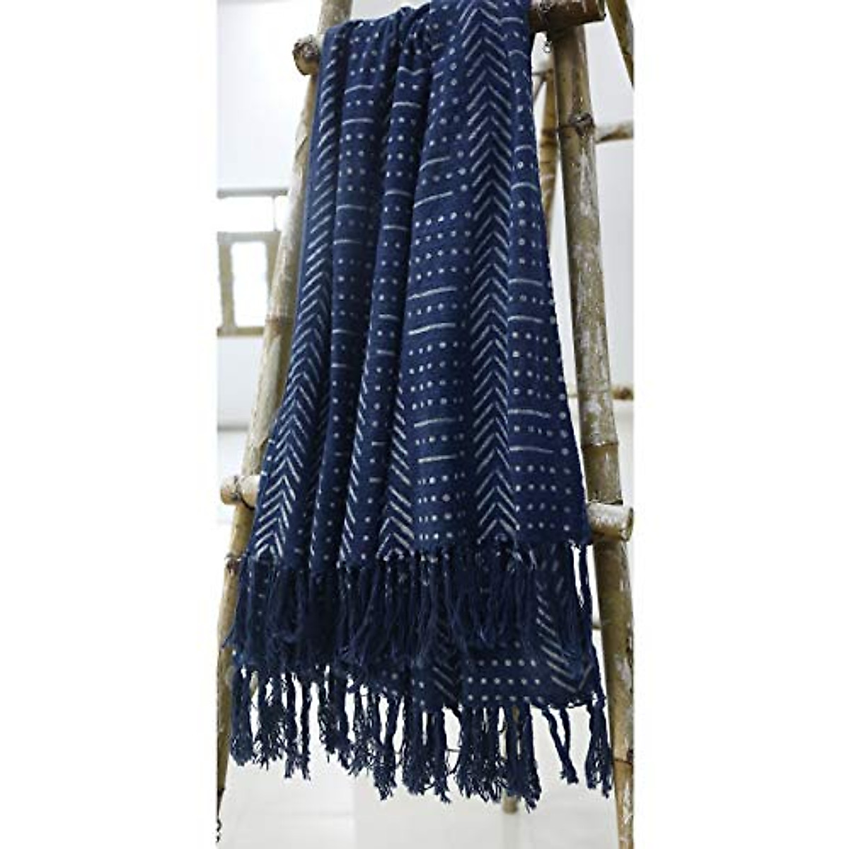 Trade Star Beautiful Indigo Mudcloth Throw Blanket Ethnic Block Print Blanket with Tassels Indian Hand Loomed Cotton Throw Blanket for Home Decor (Pattern 9)