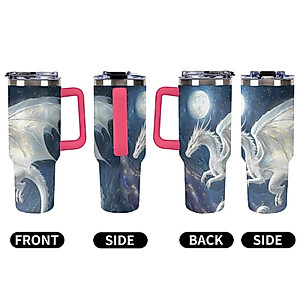 White Dragon Soaring Moon Moonlight 40oz Water Bottle Double Wall Insulated Tumbler with Handle Leakproof Travel Mug Light Rose Red-style