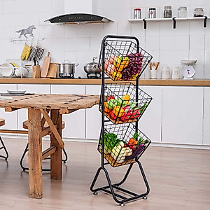 X-cosrack 3-Tier-fruit-Wire-Market-Basket-Stand Kitchen Snack Vegetable Metal baskets Storage Tiered Wire Basket Organizer Free-Standing for Fruit Vegetable Storage Pantry Bathroom (Bamboo)