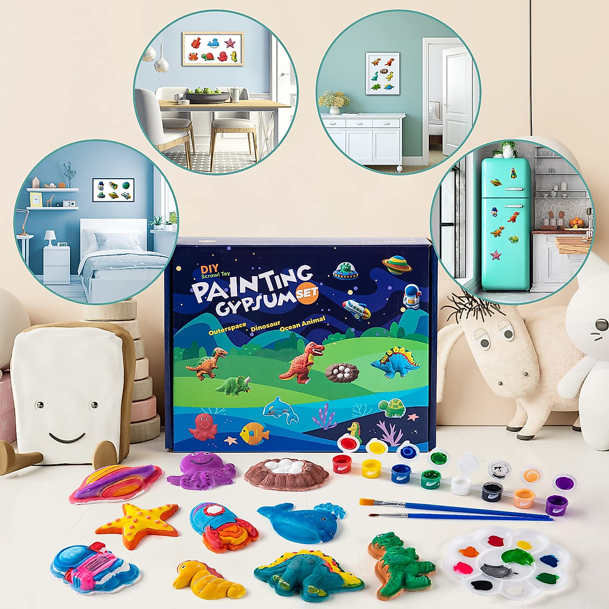 Juboury Kids Arts and Crafts Set Painting Kit - Plaster Painting Craft Kit Art Set - Painting Your Own Space Dinosaurs & Marine life Figurines - Ceramic Painting Kit for Kids, Girls, Boys, Toddlers