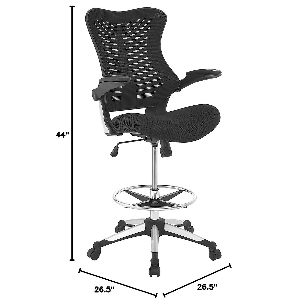 Modway Charge Drafting Chair - Reception Desk Chair - Drafting Stool with Flip-Up Arms in Vinyl, Black