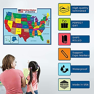 UNCLE WU United State Map Laminated Poster -Double Side Educational Poster For Kids/Adults -18 x 24 inch Waterproof Map For Home Classroom