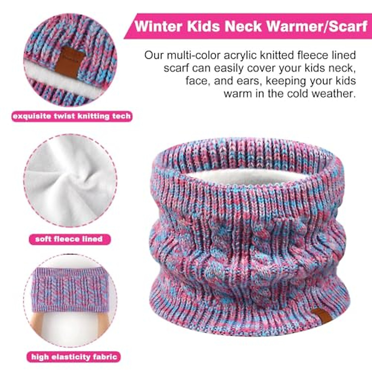 Kids Winter Hat Gloves Scarf Set, Girls Boys Children Hats Beanie with Pom Knit Neck Warmer Gaiter Mittens Fleece Lined Set (Purple)