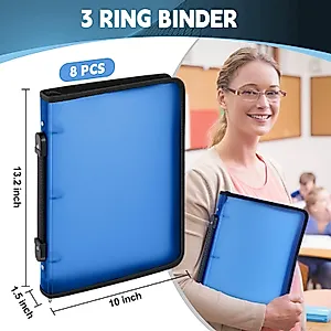 Teling 8 Pack 1 Inch Binder Blue Zipper Binder with 3 Ring Cover Zipper, Refillable Plastic Clear File Organizer Planner for Projects, Assignments, Memos, School Work