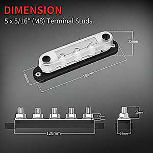 DaierTek 12V Power Distribution Block 5 x 5/16" (M8) Terminal Studs 12V Bus Bar with Cover Max 300V AC 48V DC Positive & Negative Battery Distribution Block for Automotive Car Boat