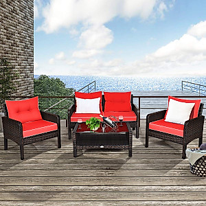 Tangkula 4 Piece Patio Furniture Set, Outdoor Wicker Conversation Set with Glass Top Coffee Table, All Weather Proof and Thick Cushions, Suitable for Porch, Garden, Poolside and Lawn (Red)