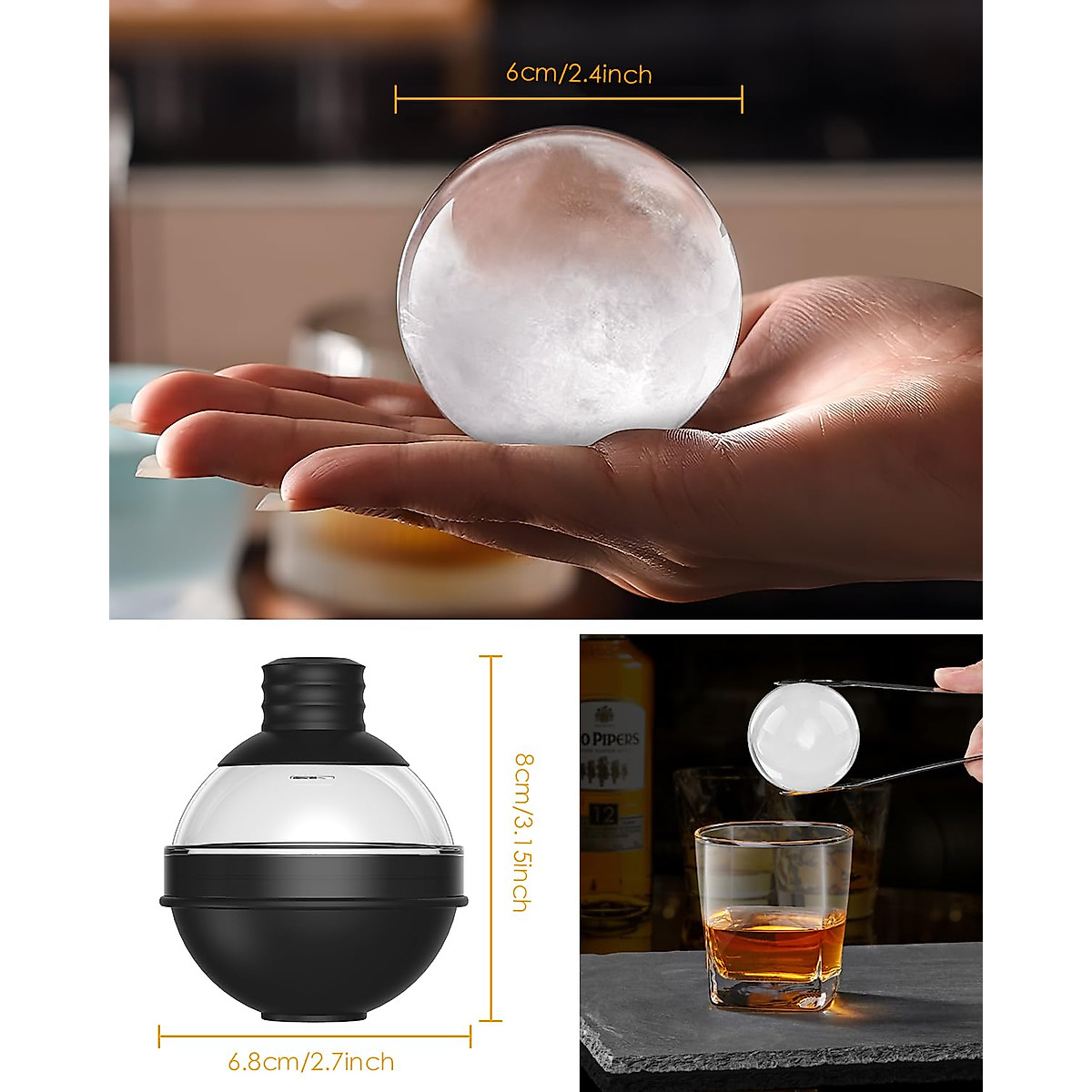 Large Round Ice Ball Maker Mold Silicone for Whiskey - Set of 4 with 2-in-1 Funnel Lid - 2.4 Inch Big Sphere Ice Mold for Cocktails Bourbon - Easy Release - Perfectly Round Ice Cube Tray