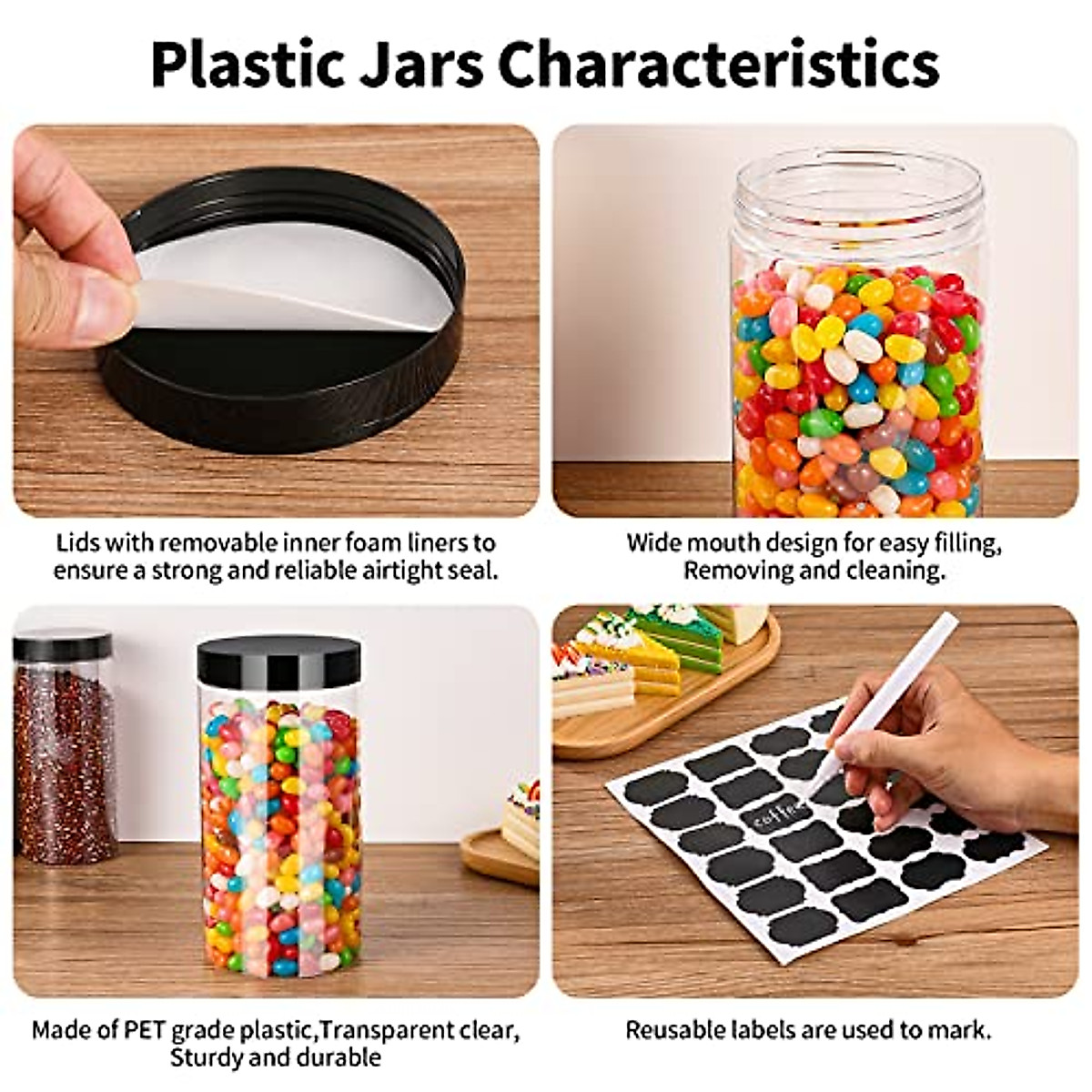 AEGISMILE PLastic jars with lids 32 OZ & 16 OZ 24 pack Clear Storage Jars Containers with Airtight Black Plastic Screw On Lids Cylinder Large Round Jars