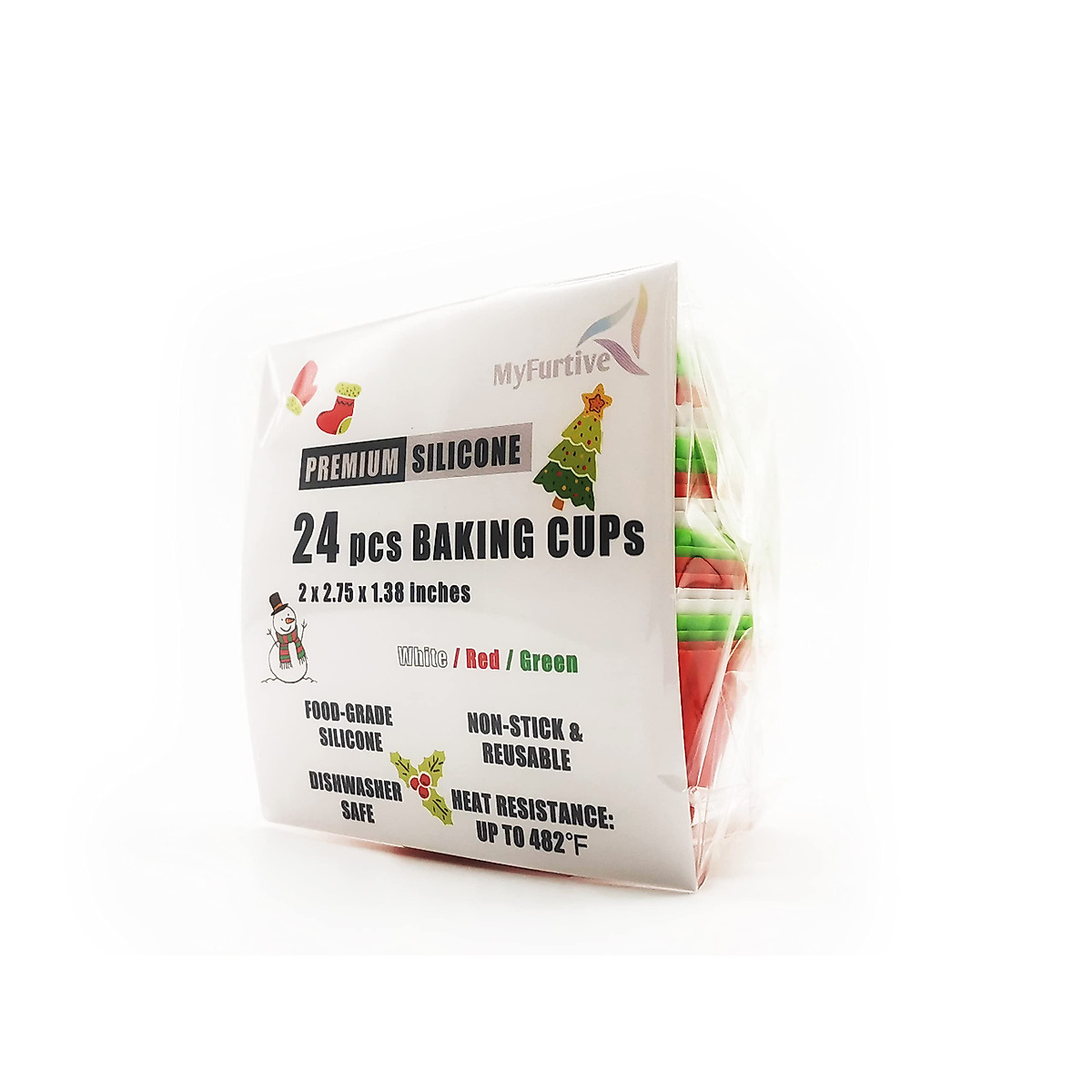 Silicone Cupcake Baking Cups - 24 Pieces Reusable, Muffin Liners, White, Red and Green, BPA Free, Dishwasher Safe MyFurtive Baking Cups, 100% Food Grade Premium Silicone