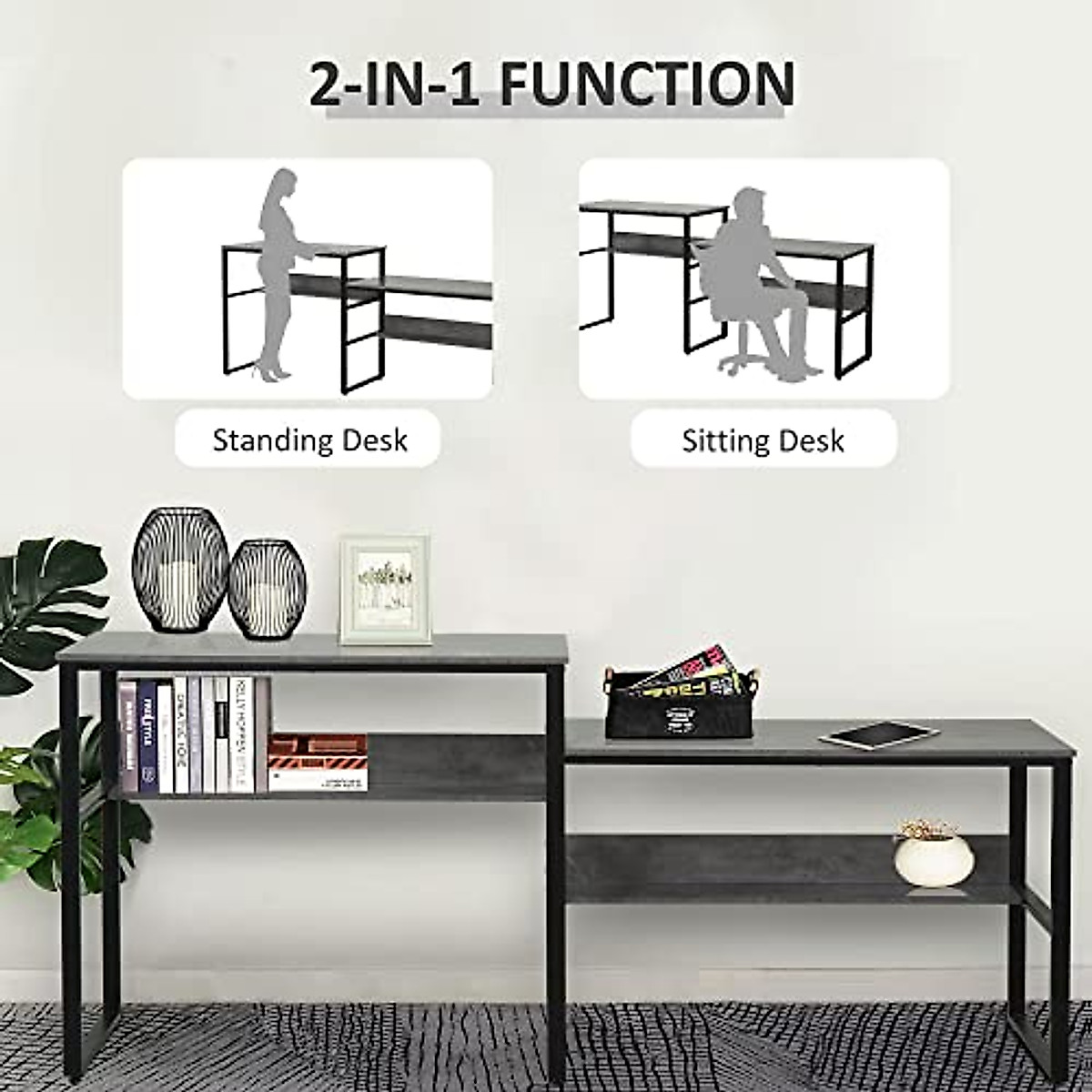 HOMCOM 86.5 Inch Two Person Desk Double Computer Table Writing Desk with Open Shelves Long Storage Workstation for Home Office Black and Grey