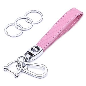 Wisdompro Microfiber Leather Car Keychain, Universal Key Fob Keychain Leather Key Chain Holder with 3 Keyrings and 1 Screwdriver for Men and Women - Pink