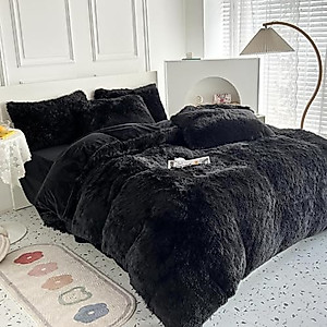 MR.FEATHER Duvet Cover Queen Size, Thickening Winter Fluffy Luxury Plush Shaggy Duvet Cover Sets Velvet Bedding Comforter Bed Sets 3 Pieces (Black, Twin)