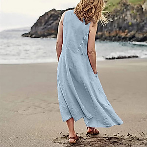Maxi Dress for Women,2023 Spring Summer Cotton Linen Dress,Ladies Plus Size Boho Beach Flowy Long Dress with Pockets,Casual Trendy Elegant Sleeveless Sundress for Holiday Resort Wear（C-Blue,XXL