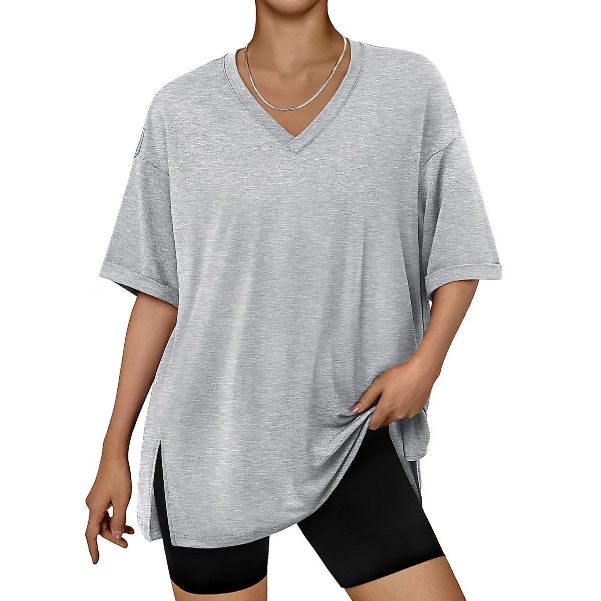 Trendy Queen Oversized Tshirts for Women Workout Plus Size Tops V Neck Short Sleeve Tunic Side Slit Outing T Shirts 2025 Spring Summer Casual Clothes Loose Fit Basic Tees Beach Vacation Grey XXL