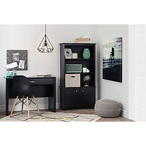 South Shore Vito Tall 3-Shelf Bookcase with 2 Doors, Pure Black with Metal Knobs