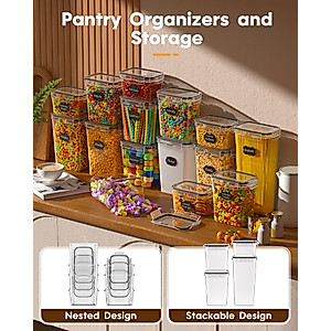 KEMETHY 15 Pack Airtight Food Storage Containers with Lids, Kitchen Pantry Organizers and Storage, BPA-Free Plastic Food Canisters for Cereal, Flour, Sugar, Pasta, Dry Food, Include Labels & Marker
