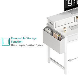 Lufeiya Small White Desk with Fabric Drawers for Bedroom, 32 inch Vanity Makeup Desk with Drawers Storage for Home Office, Writing Study Table with Power Outlet & Monitor Stand, White