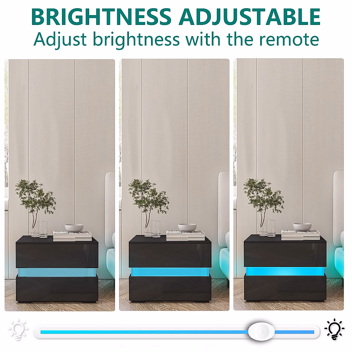 HOMMPA LED Nightstand with 2 Drawers Modern Black Bedside Table Nightstand with Storage Cabinet High Gloss Night Table with 16 Colors LED End Table Smart Nightstand for Bedroom Furniture