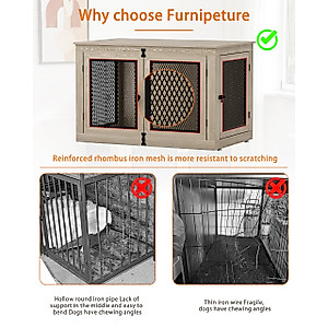Furnipeture Wooden Dog Crate Furniture with Cushion,Heavy-Duty Dog Crate Side End Table Chew-Proof with Double Door,Modern Kennel for Large Dogs Indoor up to 60 lb - Grey (Size:37" L*23.6W*26" H)