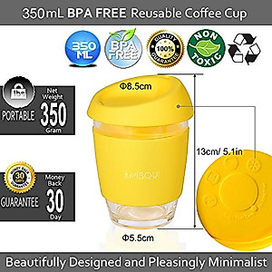 AniSqui 12 oz Reusable Coffee Cup with Lids, Glass Travel Coffee Mugs (Yellow)