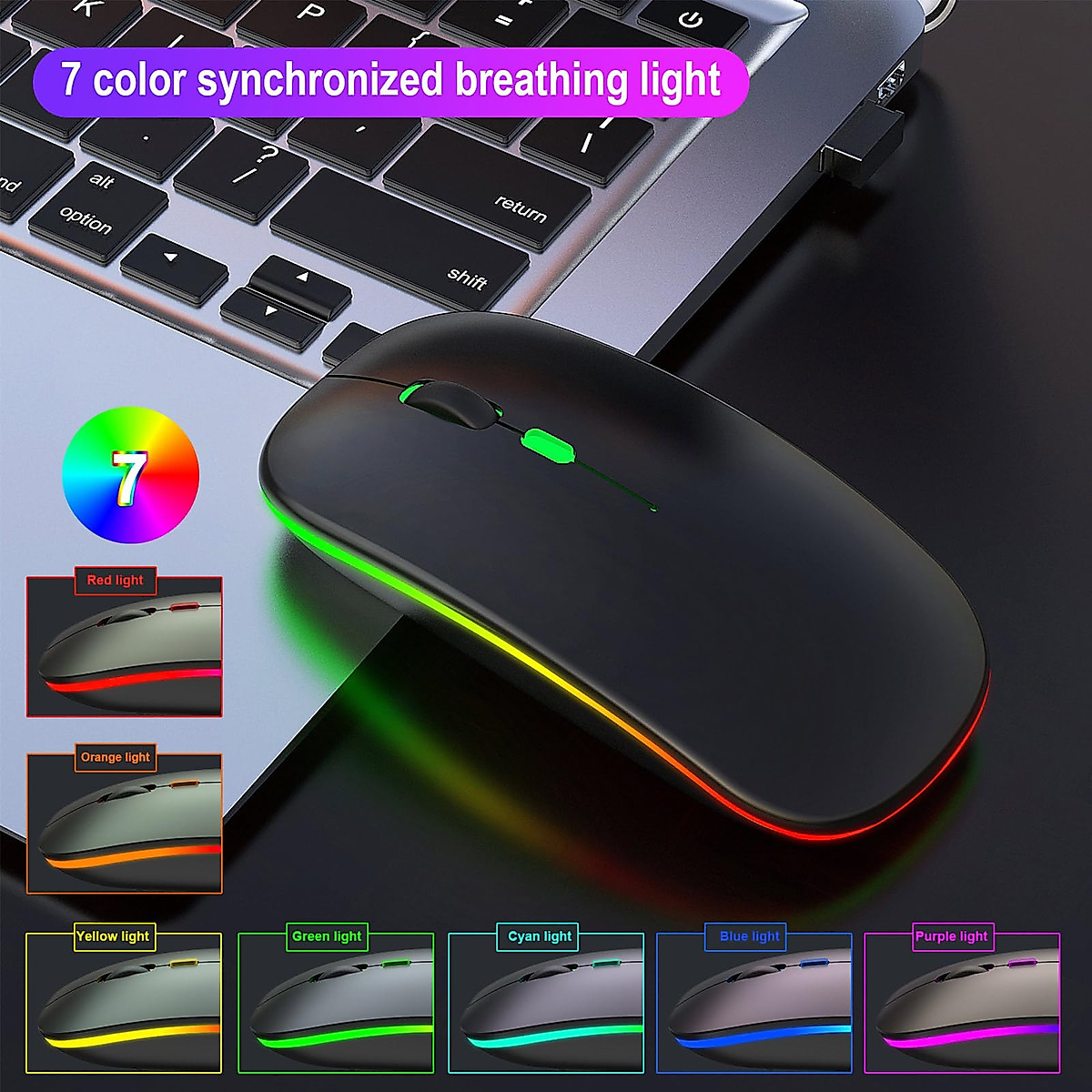 Atrasee Dual Mode LED Wireless Bluetooth Mouse for Laptop, Slim Rechargeable RGB Computer Mice (USB 2.4G + Bluetooth 5.1), Ergonomic PC Gaming Mouse w/ 3 Adjustable DPI, for Laptop MacBook Pro, Black