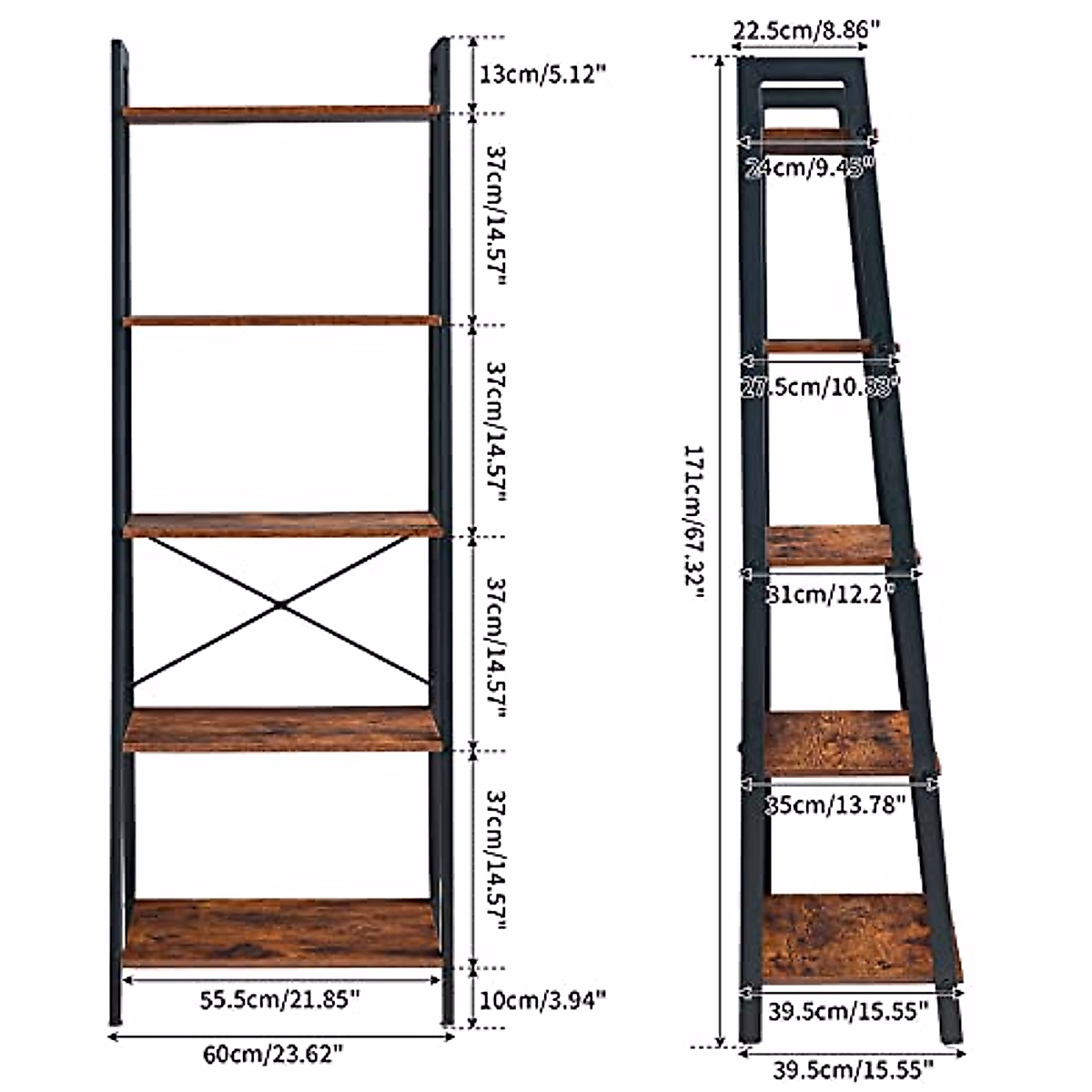 YMYNY Industrial Ladder Shelf, 5+6-Tier Bookcase with Metal Frame, 78.7"+67.3" Open Bookshelf, HTMJ017H+RF-TM018