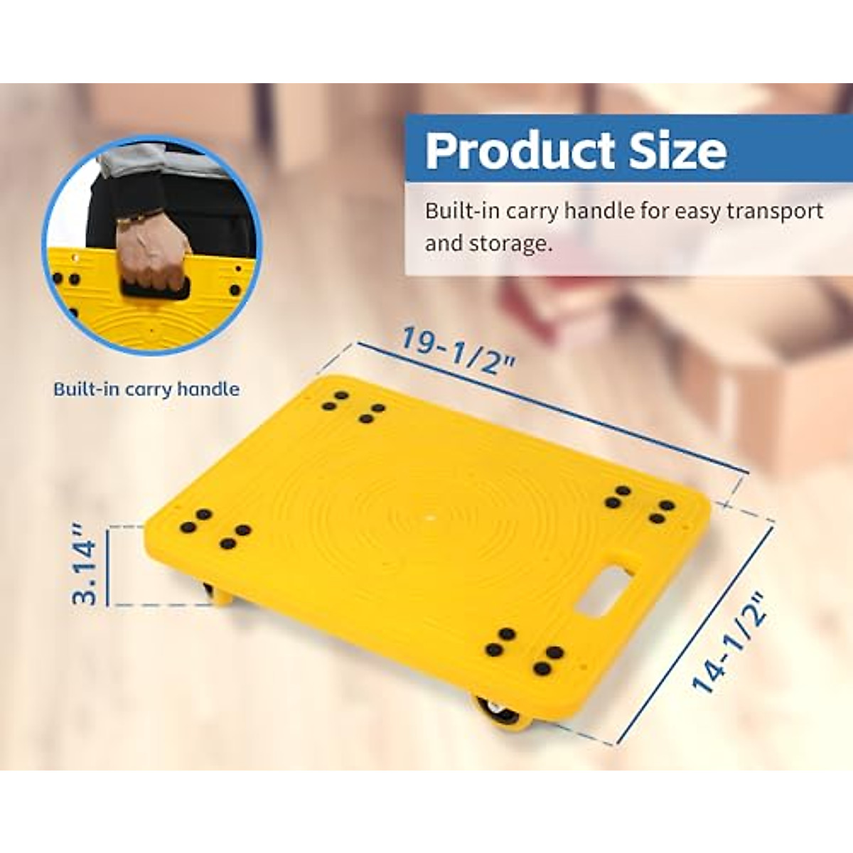 MaxWorks 50840 High Visibility Yellow 300-lb Capacity Movers Dolly with 4 Swivel Casters, 19-1/2" x 14-1/2" Platform