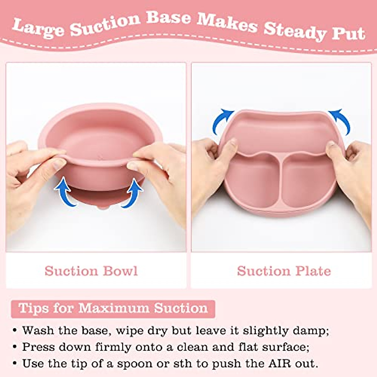 Silicone Baby Feeding Set, Baby Led Weaning Supplies with Suction Bowl Divided Plate, Toddler Self Feeding Dish Set with Spoons Forks Sippy Cup Adjustable Bib, Eating Utensils for 6+ Months(Pink)