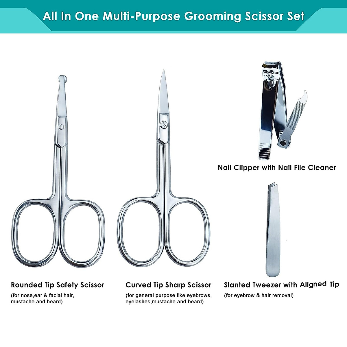 5Pcs Beauty Grooming Eyebrow Scissor Men Women Facial Nose Hair Scissor Curved Round Blunt Mustache Beard Manicure Pedicure Trimmer Set Stainless Steel Slant Tweezers Nail Clipper Pet Dog Scissor Kit