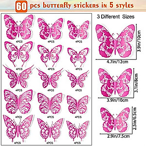 3D Butterfly Wall Decor 60pcs 5 Styles 3 Sizes Butterflies Wall Sticker Removable DIY Hollow PVC Butterfly Wall Decals for Kids Baby Bedroom Girls Teens Nursery Classroom Wedding Birthday Cake Party