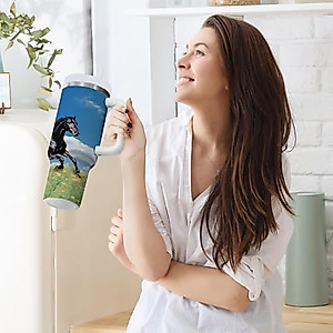 Jihqo Running Field Horses 40 oz Stainless Steel Vacuum Insulated Tumbler with Handle and Straw Lid, Leakproof Water Bottle Double Wall Travel Mug Coffee Cup, Cupholder Friendly