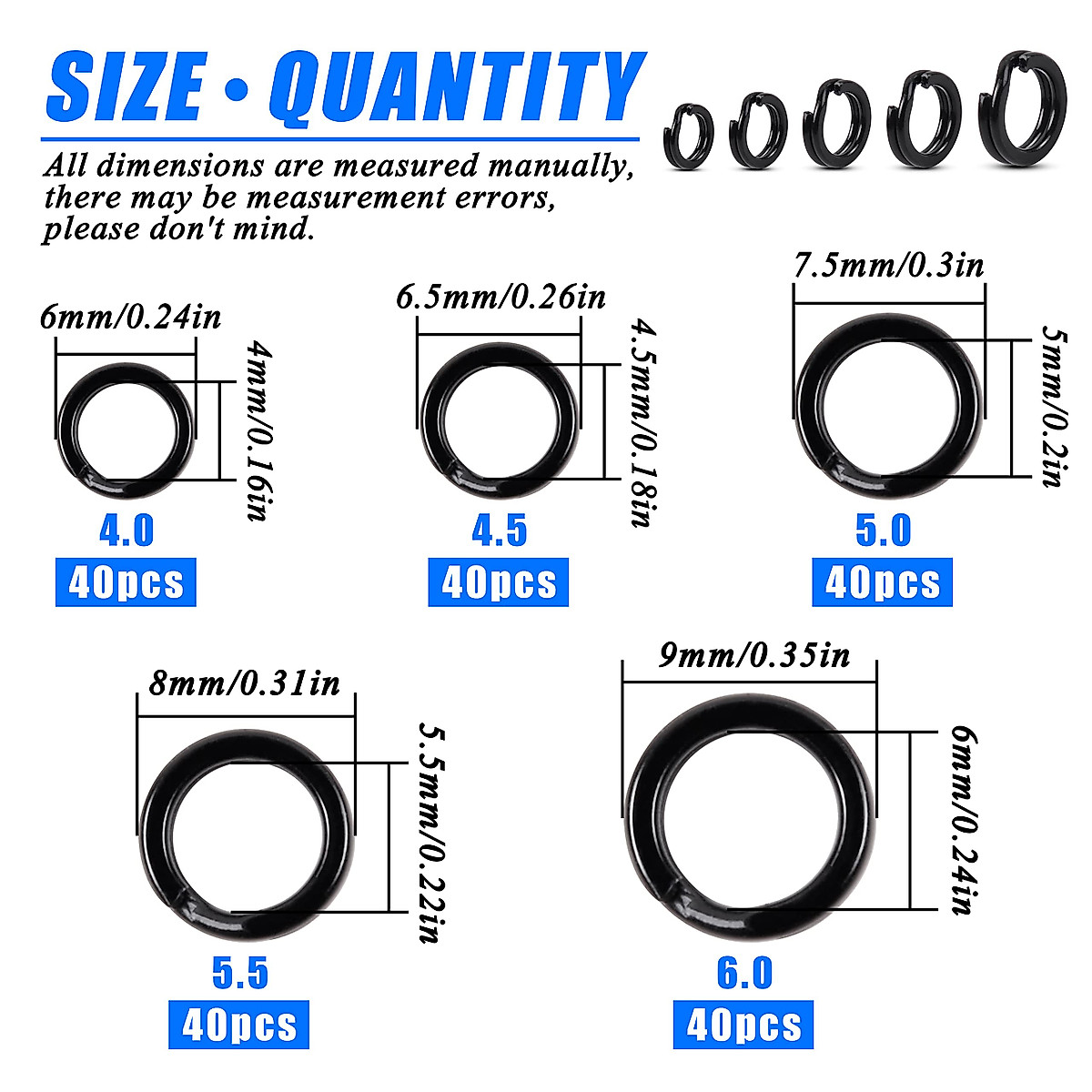 Stainless Steel Split Ring for Fishing Lures 200pcs Jig Split Ring Saltwater Fishing Tackle Line Connector Split Rings Freshwater Loop for Lure Making (Black)