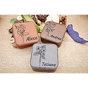 Personalized Leather Jewerly box, Birth Flower Month Customized Leather Jewelry Box with Name, Birthday Gifts for Women, Jewelry Travel Case - Bridesmaids, Graduation gifts (Teal)