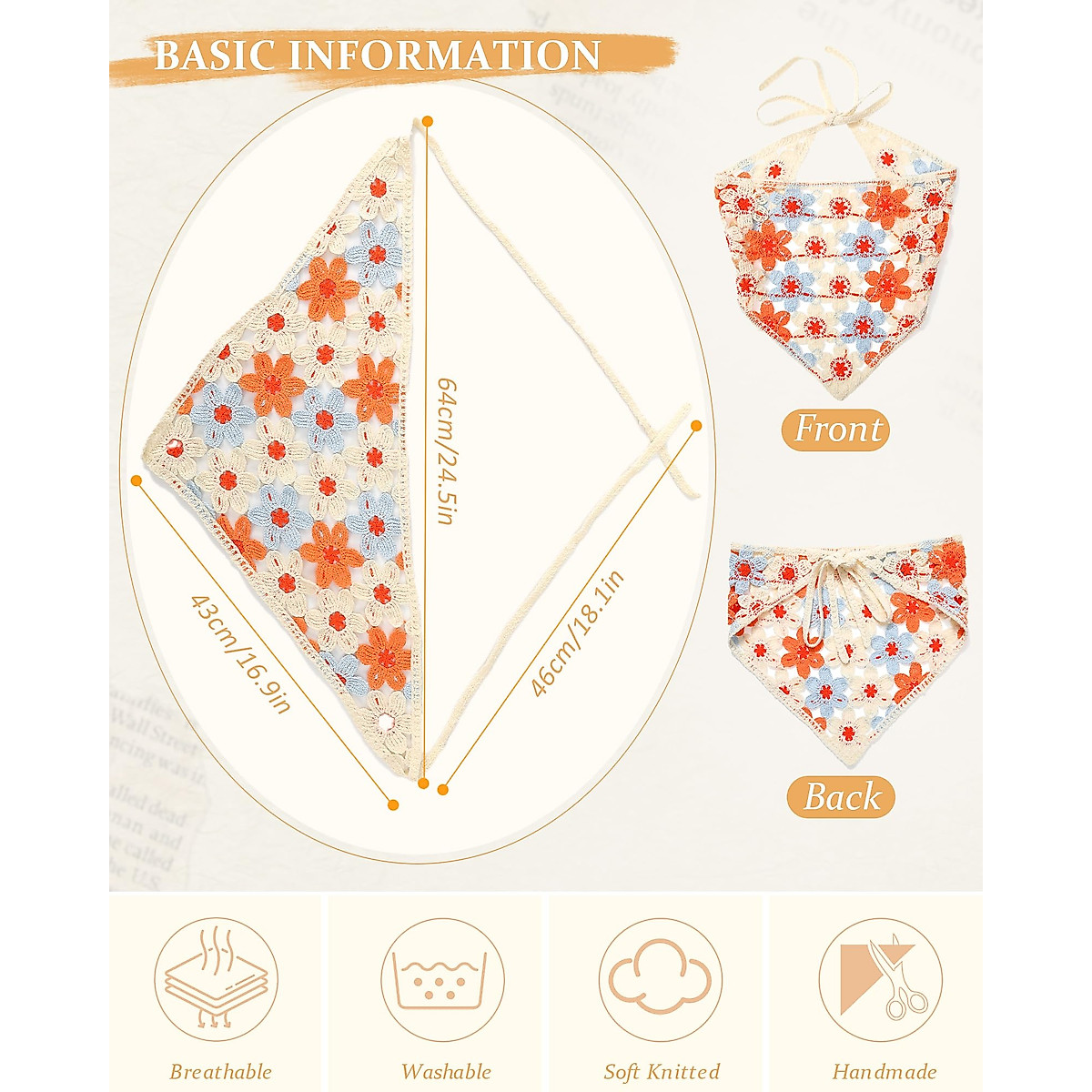 CHLINS 2 PCS Crochet Bandanas Floral Bandana Headband Tie Knitted Headscarf Hair Bandanas for Women Girls Head Kerchief (Flower (orange blue + purple yellow))