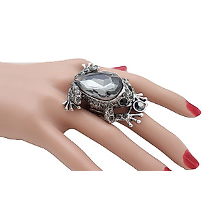 Women Fashion Jewelry Frog Ring - Silver Color Metal One Size Elastic Band Big Animal