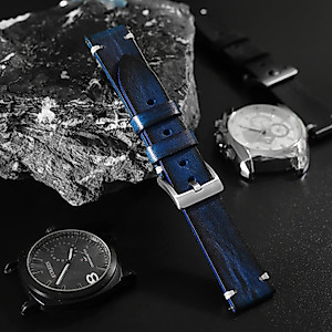 Berfine 20mm Retro Handmade Watch Band, Quick Release Vintage Leather Watch Strap Replacement,Blue