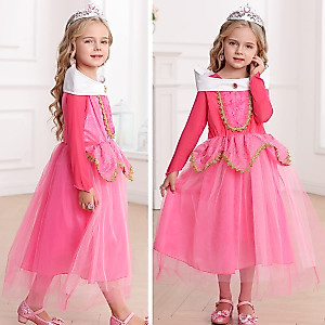 iTVTi Girls Princess Dress Up Halloween Party Costume with Crown Wand Earrings Ring, Pink, 5-6 Years (Label 130)