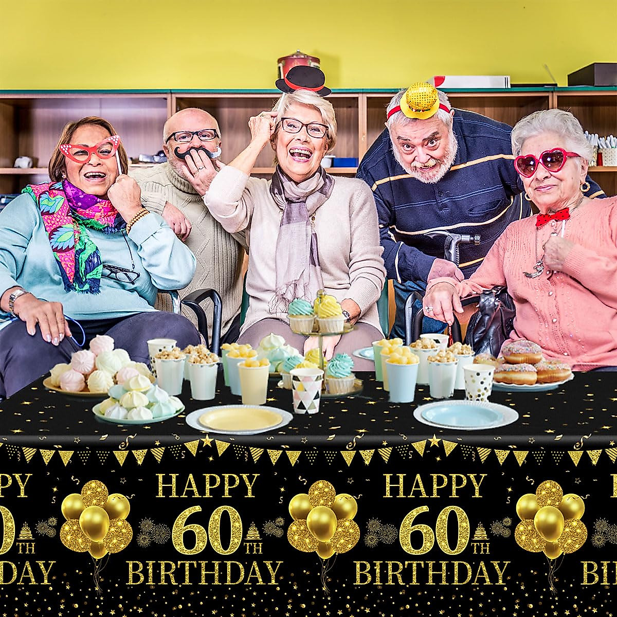 Pymurod 3Pcs 60th Birthday Tablecloth Decorations 60 Year Old Birthday Decorations Black Gold Happy 60 Birthday Table Cloth Rectangle Table Decorations 60th Birthday Party Favors
