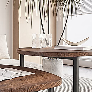 HOJINLINERO Round Coffee Table Set of 2 End Tables for Living Room,Black Small Coffee Table Living Room Table,Metal Frame with Wood Look,Sturdy and Easy Assembly,Stacking Side Tables Bedroom,Brown