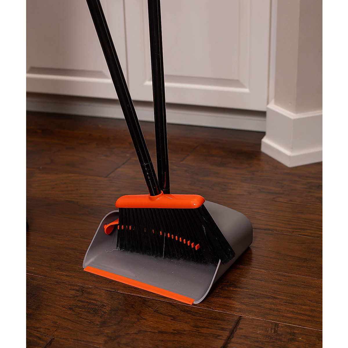 BirdRock Home Broom and Dustpan Set - Lobby Dust Pan - Orange and Grey Durable Set - Indoor or Outdoor - Sweep Combo Great for Kitchen, Home, Garage and Office - Clip On Self Cleaning Bristles