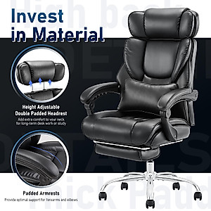 Office Chair with Footrest-Ergonomic Computer Chair with Extra Lumbar Support Pillow, High Back Executive Desk Chair Thick Bonded Leather, Large Home Office Work Chair with Wide Seat for Comfort-Black