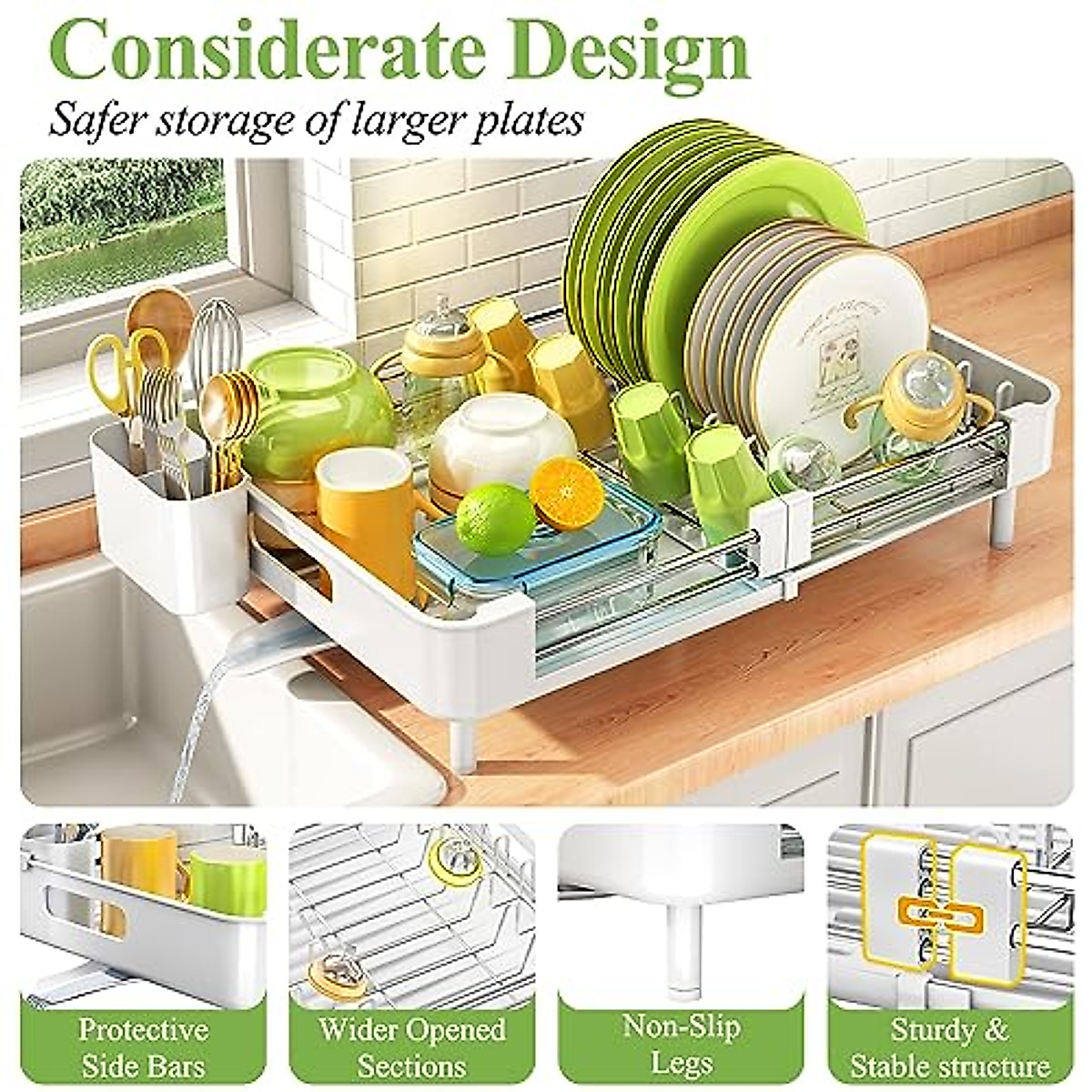 Kitchen Counter Dish Drainers Rack, Auto-Drain Expandable(13.2"-19.7") Stainless Steel Large Strainers Over Sink Drying Rack Drainboard with Utensil Holder Caddy Organizer, White