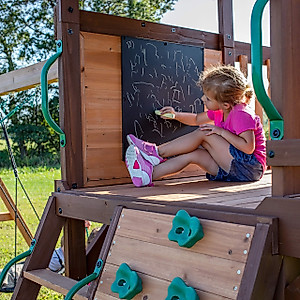 Backyard Discovery, Cedar Cove Wood Swing Set, Playground Fort, Chalkboard, Telescope, Dual Slide, Kitchenette, Wide Swing Lanes, 5ft Rock Wall, Step Ladder